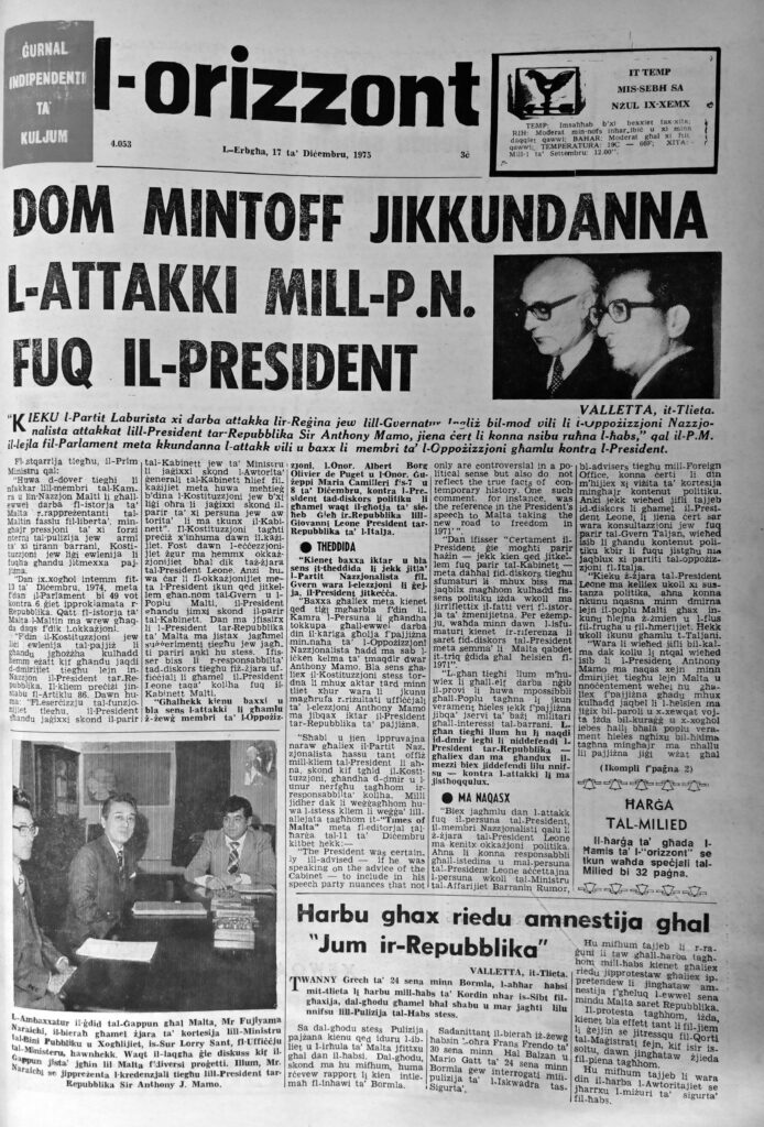 Meta Dom Mintoff ikkundanna l-attakk mill-PN fuq il-President Sir ...